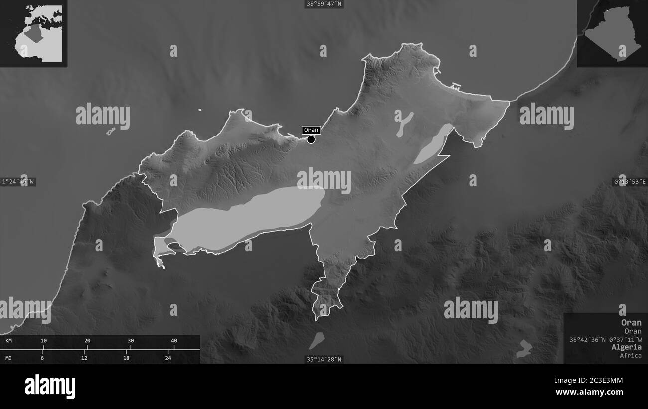 Oran, province of Algeria. Grayscaled map with lakes and rivers. Shape ...