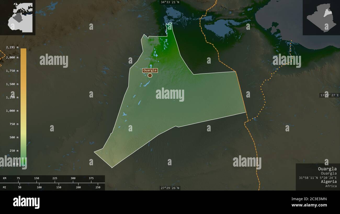 Ouargla, province of Algeria. Colored shader data with lakes and rivers ...