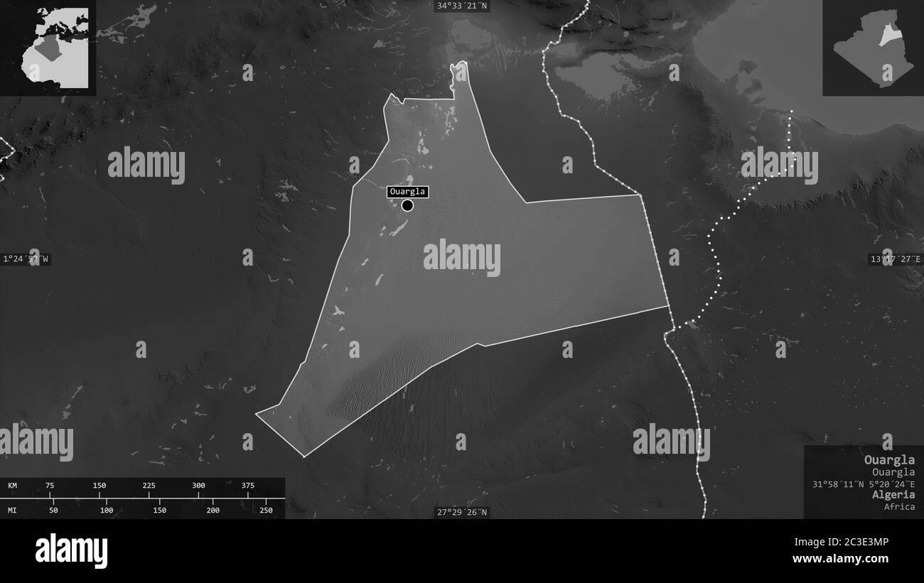 Ouargla, province of Algeria. Grayscaled map with lakes and rivers ...