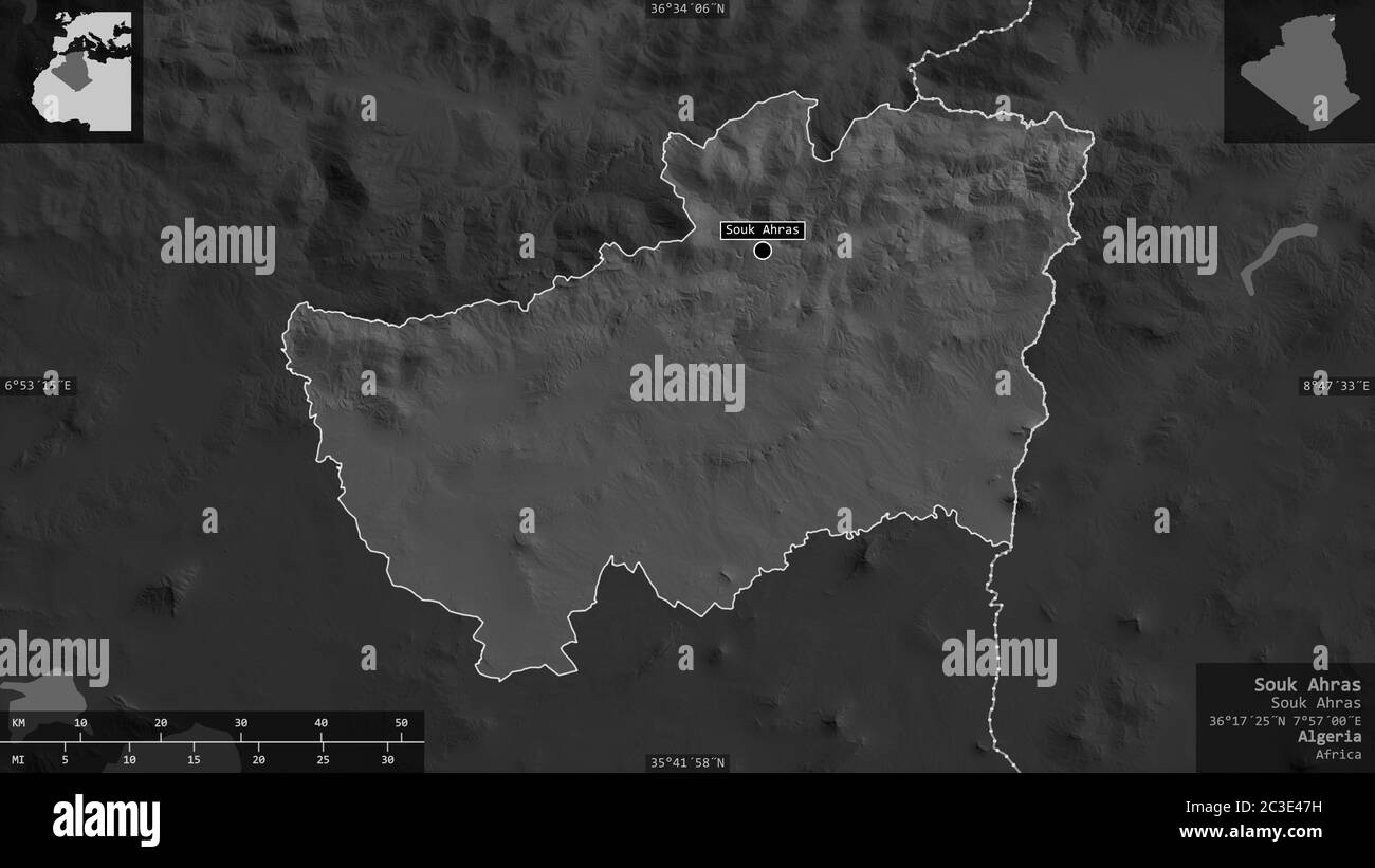 Souk Ahras, province of Algeria. Grayscaled map with lakes and rivers ...