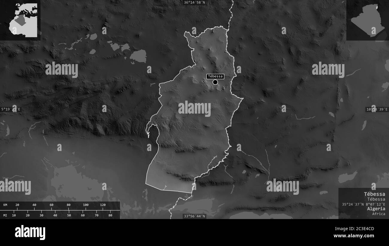 Tébessa, province of Algeria. Grayscaled map with lakes and rivers ...