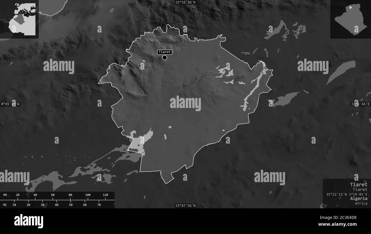 Tiaret, province of Algeria. Grayscaled map with lakes and rivers ...