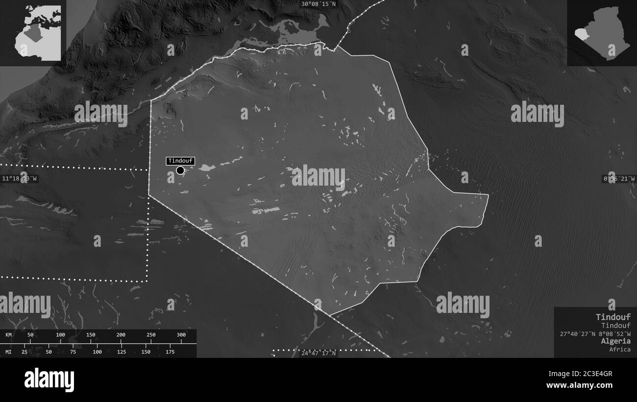 Tindouf, province of Algeria. Grayscaled map with lakes and rivers ...