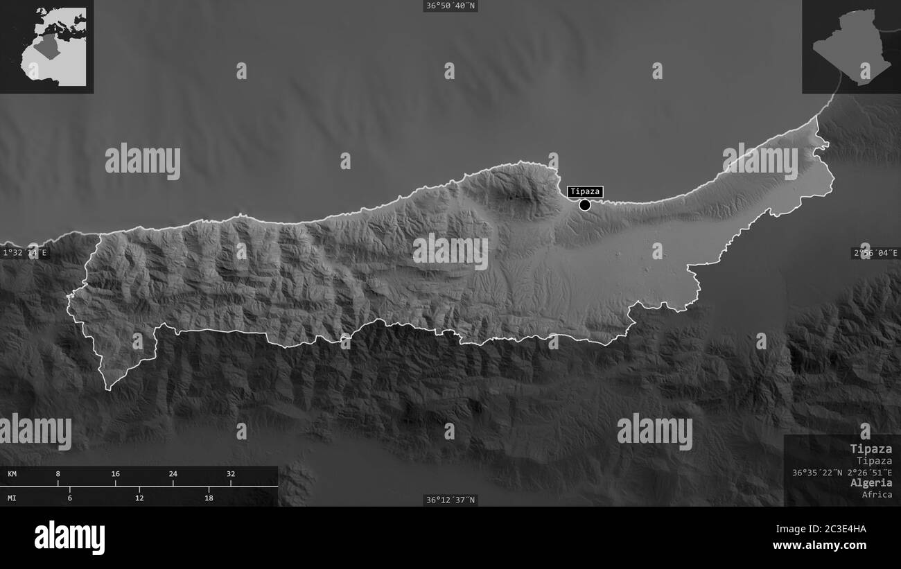 Tipaza, province of Algeria. Grayscaled map with lakes and rivers ...