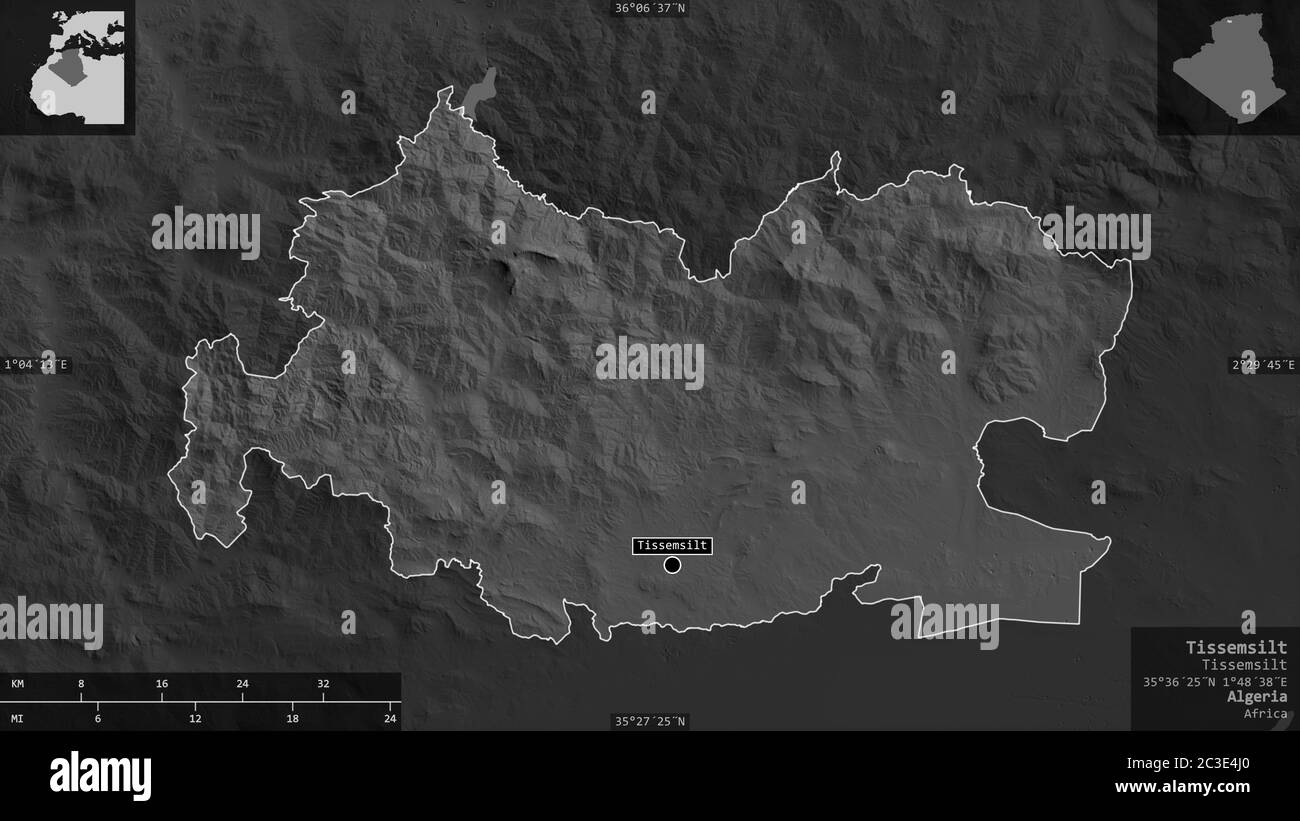 Tissemsilt, province of Algeria. Grayscaled map with lakes and rivers ...