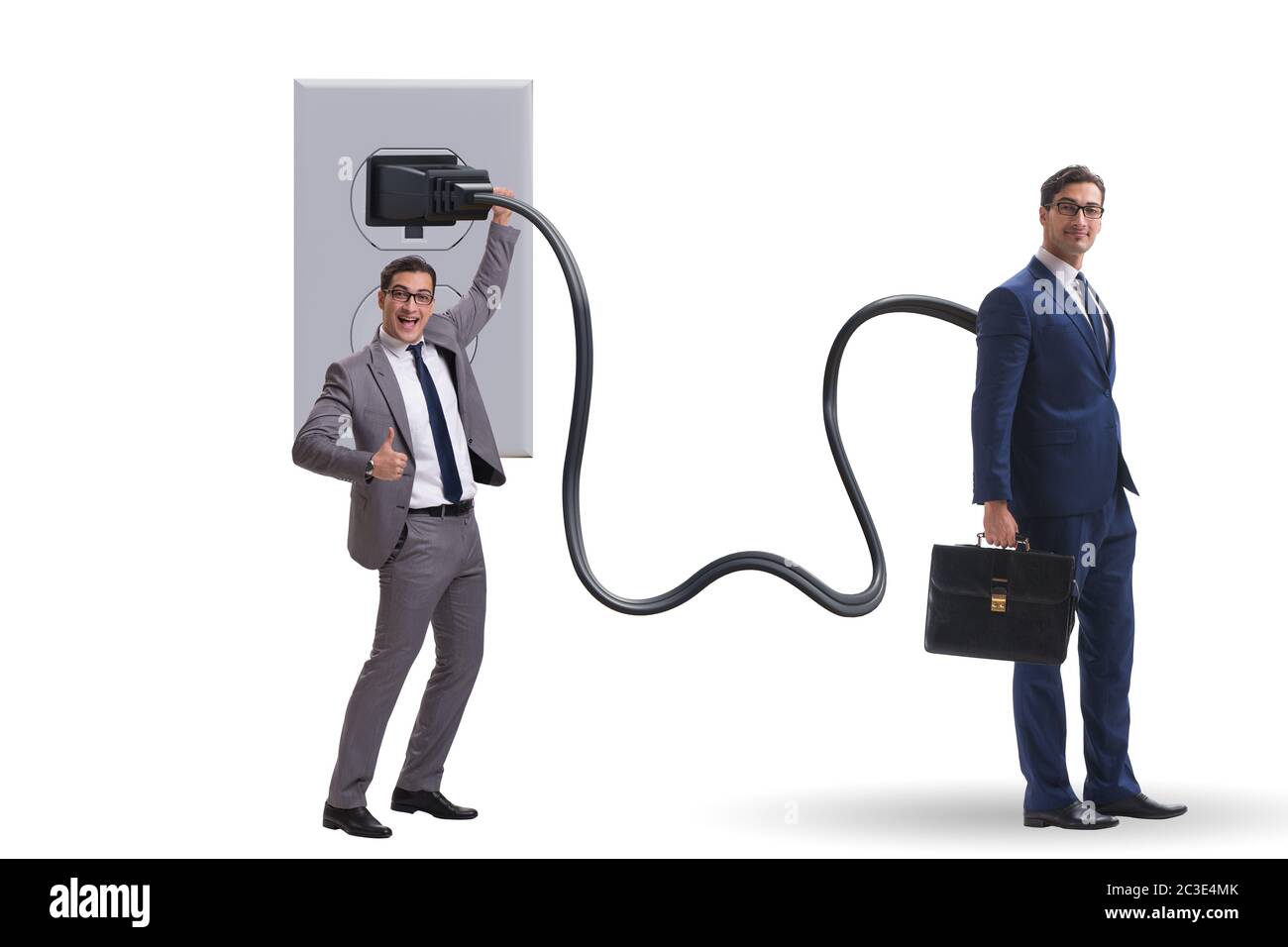 Businessman being powered by electricity and plug Stock Photo - Alamy