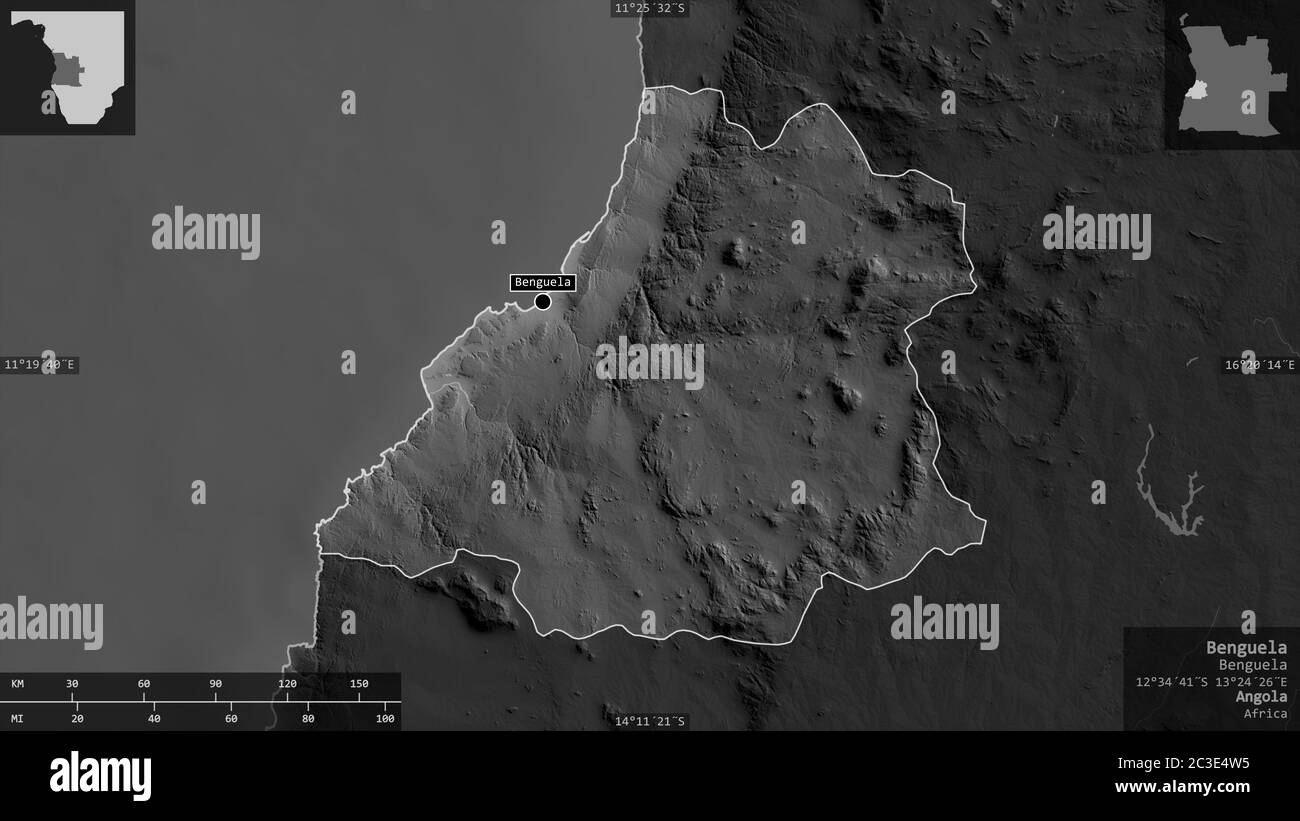 Benguela, province of Angola. Grayscaled map with lakes and rivers ...