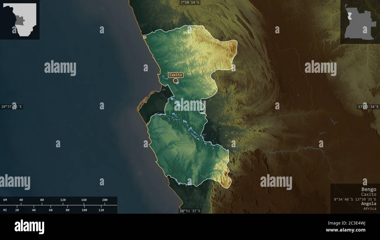 Bengo, province of Angola. Colored relief with lakes and rivers. Shape ...