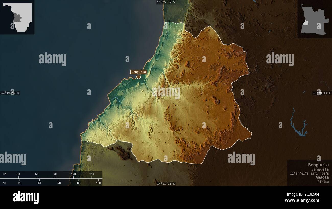 Benguela, province of Angola. Colored relief with lakes and rivers ...