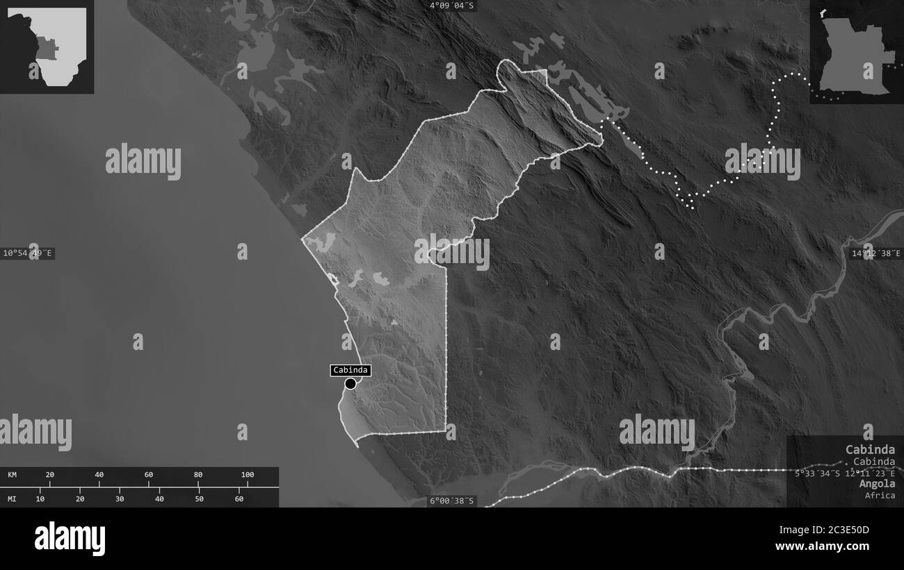 Cabinda, province of Angola. Grayscaled map with lakes and rivers ...