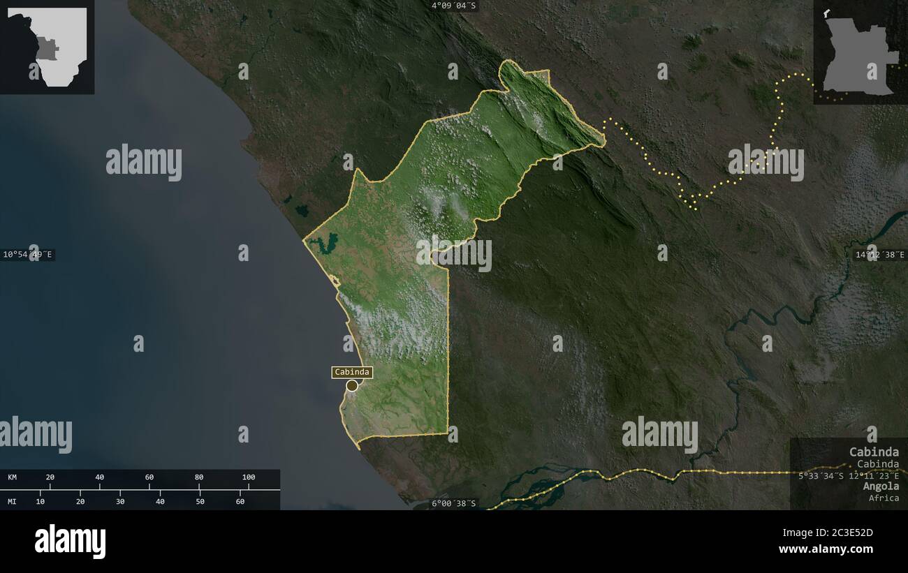Cabinda, province of Angola. Satellite imagery. Shape presented against ...