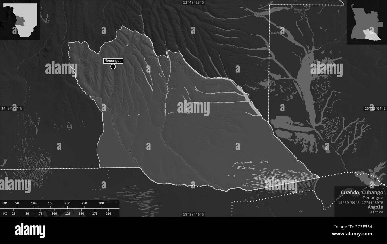 Cuando Cubango, province of Angola. Grayscaled map with lakes and ...