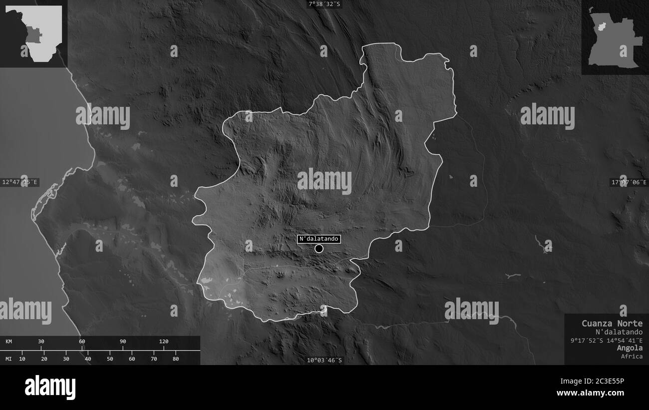 Cuanza Norte, province of Angola. Grayscaled map with lakes and rivers ...