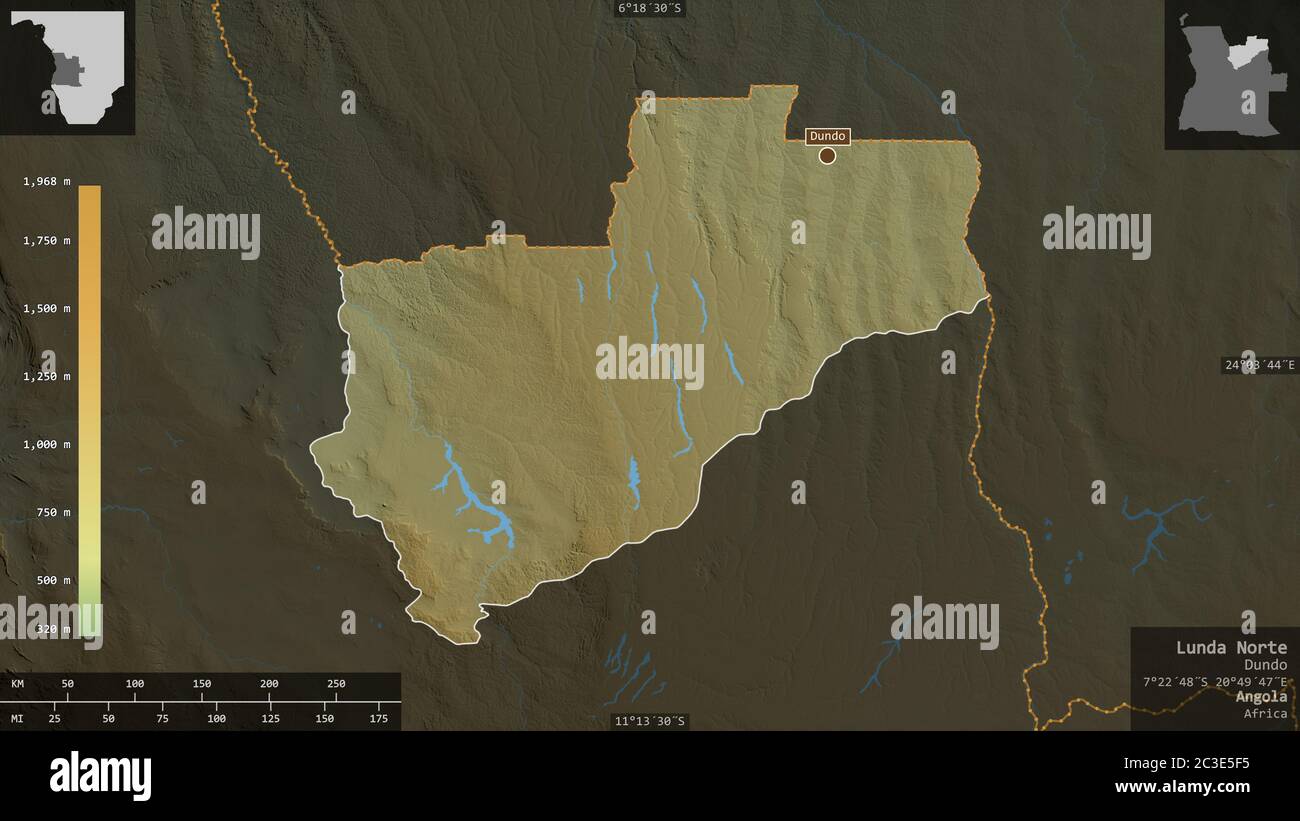Lunda Norte, province of Angola. Colored shader data with lakes and ...