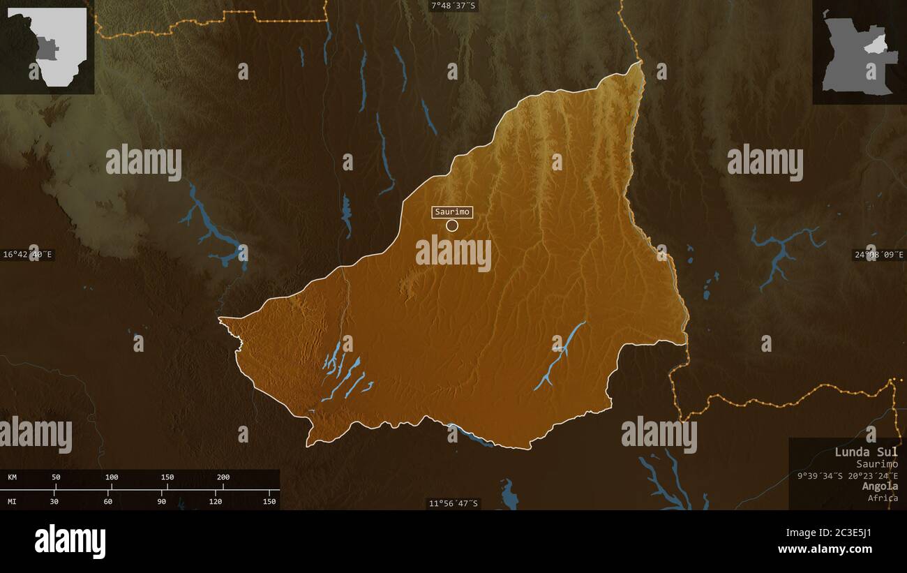 Lunda Sul, province of Angola. Colored relief with lakes and rivers ...