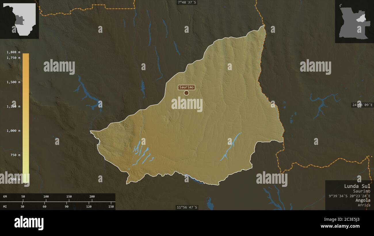 Lunda Sul, province of Angola. Colored shader data with lakes and ...