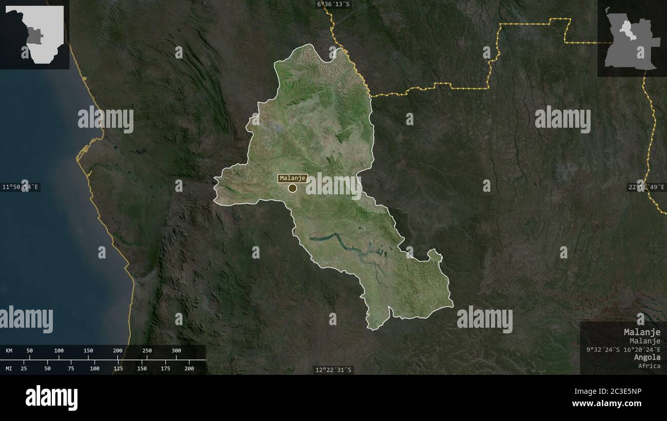 Malanje, province of Angola. Satellite imagery. Shape presented against ...