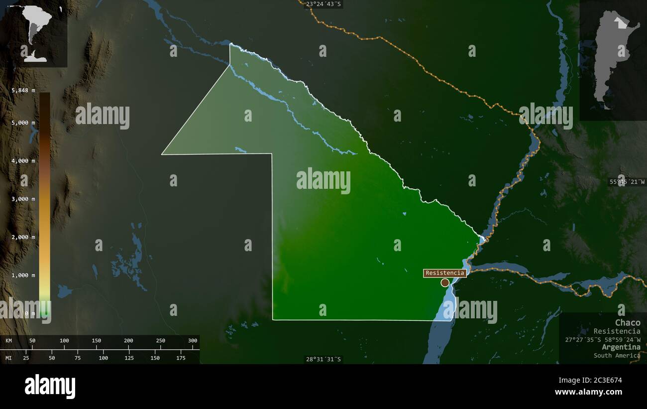 Chaco, province of Argentina. Colored shader data with lakes and rivers ...