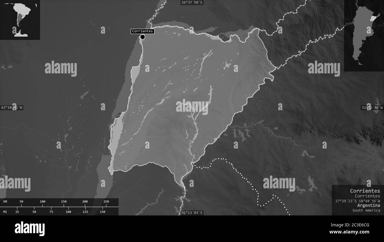 Corrientes, province of Argentina. Grayscaled map with lakes and rivers ...