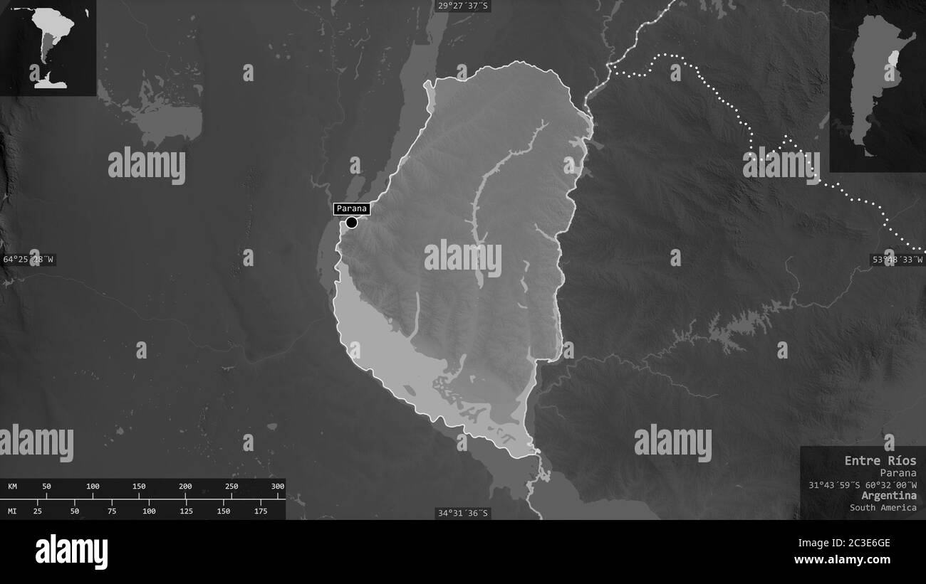 Entre Ríos, province of Argentina. Grayscaled map with lakes and rivers ...