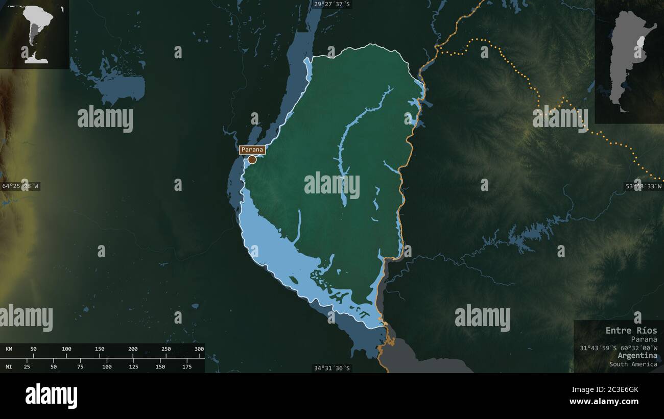Entre Ríos, province of Argentina. Colored relief with lakes and rivers ...