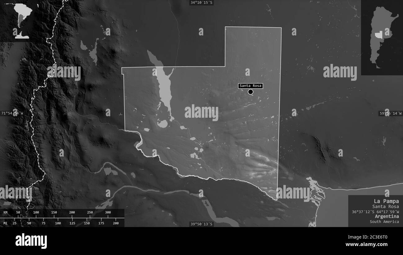 La Pampa, province of Argentina. Grayscaled map with lakes and rivers ...