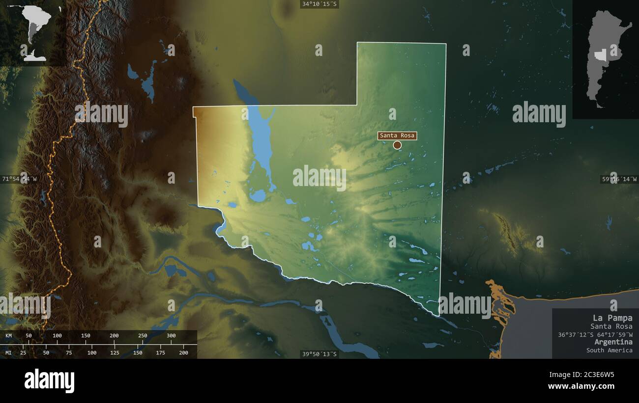 La Pampa, province of Argentina. Colored relief with lakes and rivers ...