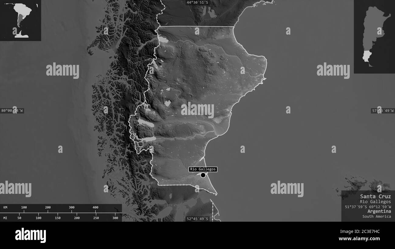 Santa Cruz, province of Argentina. Grayscaled map with lakes and rivers ...