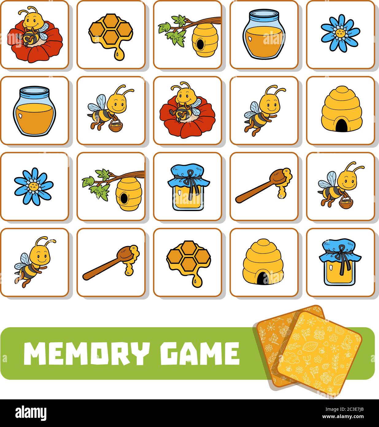 Memory game for preschool children, vector cards about bees and honey ...