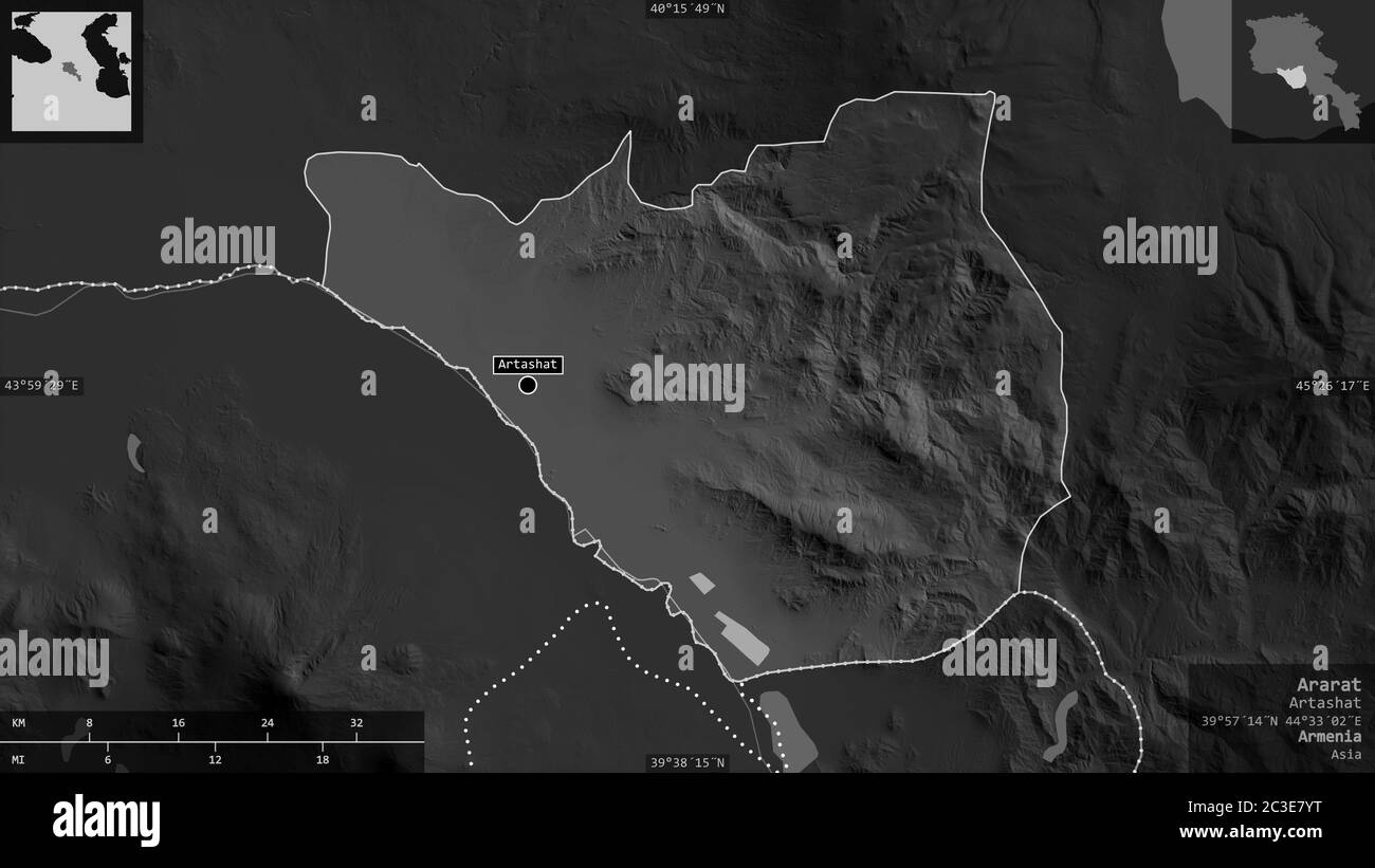 Ararat, province of Armenia. Grayscaled map with lakes and rivers ...