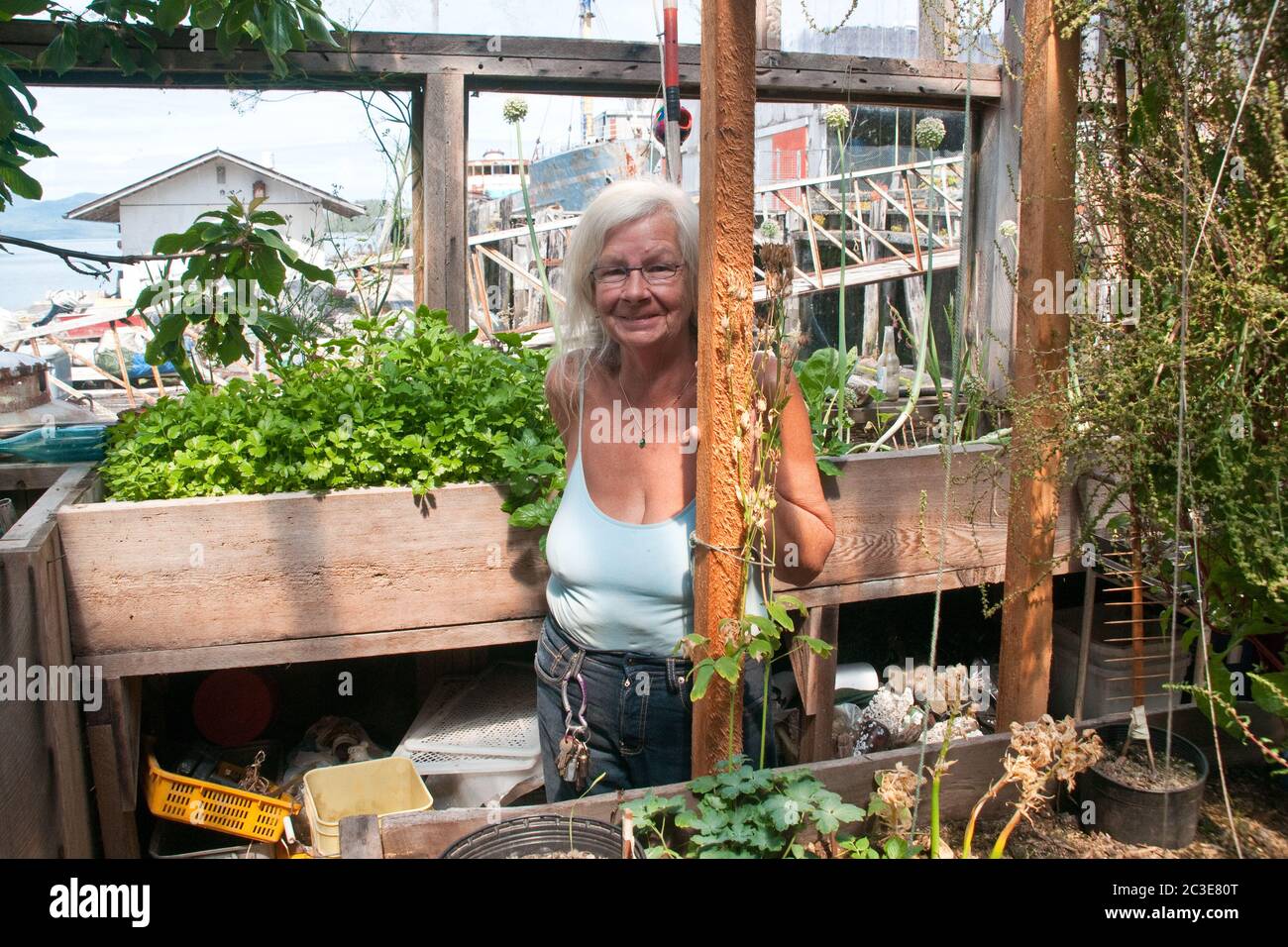 A woman resident in a greenhouse in the abandoned fish cannery town of ...