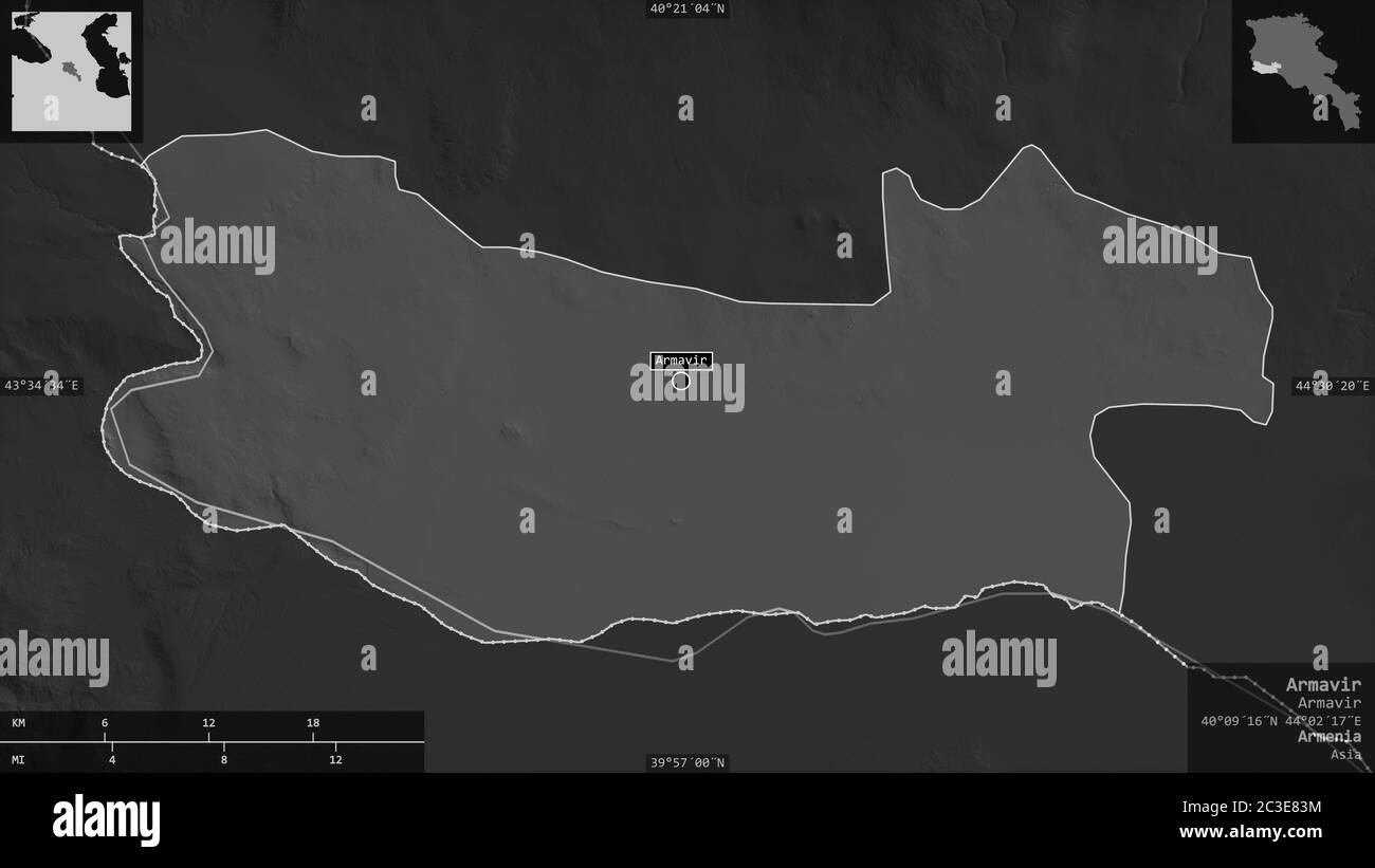Armavir, province of Armenia. Grayscaled map with lakes and rivers ...