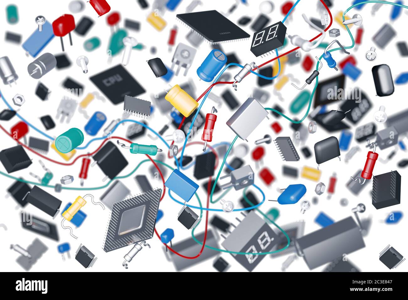3D render of a variety of electronic components on a white background ...