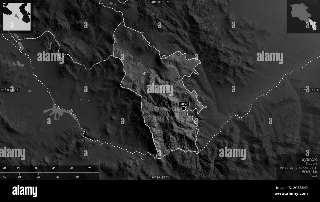 Syunik, province of Armenia. Grayscaled map with lakes and rivers ...
