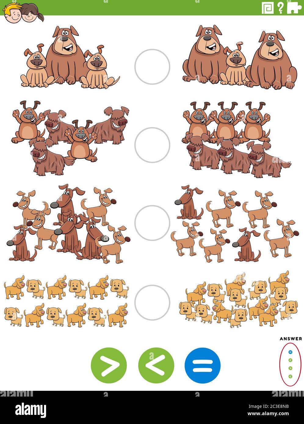 greater less or equal educational task with dogs Stock Photo - Alamy