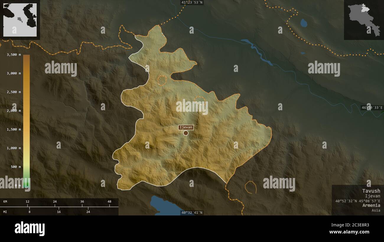 Tavush, province of Armenia. Colored shader data with lakes and rivers ...