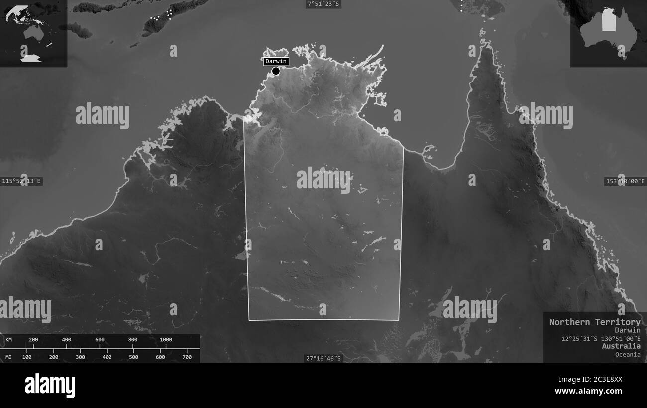 Northern Territory, territory of Australia. Grayscaled map with lakes ...
