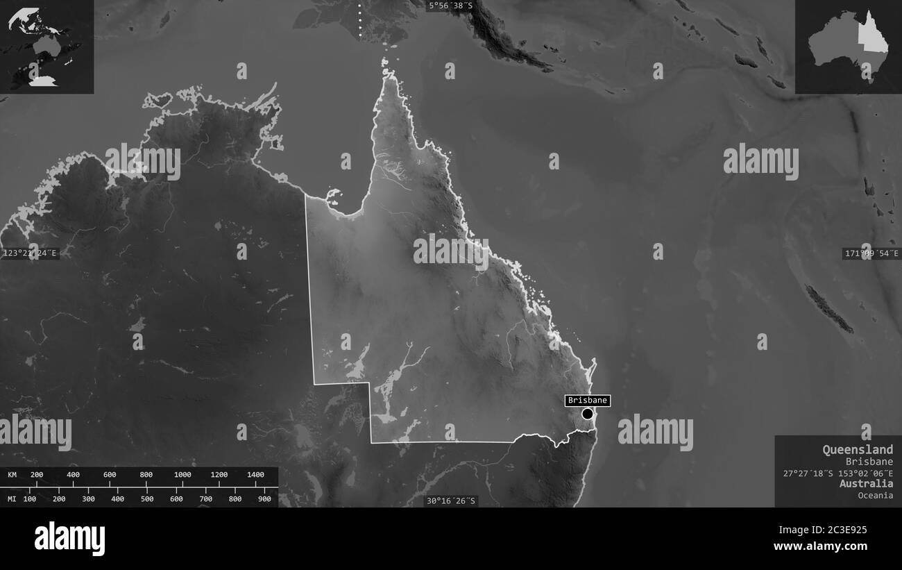 Queensland, state of Australia. Grayscaled map with lakes and rivers ...