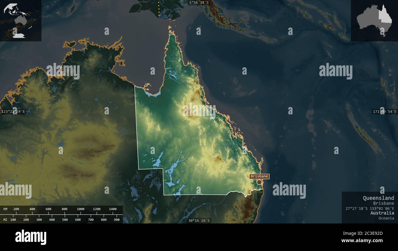 Queensland, state of Australia. Colored relief with lakes and rivers ...