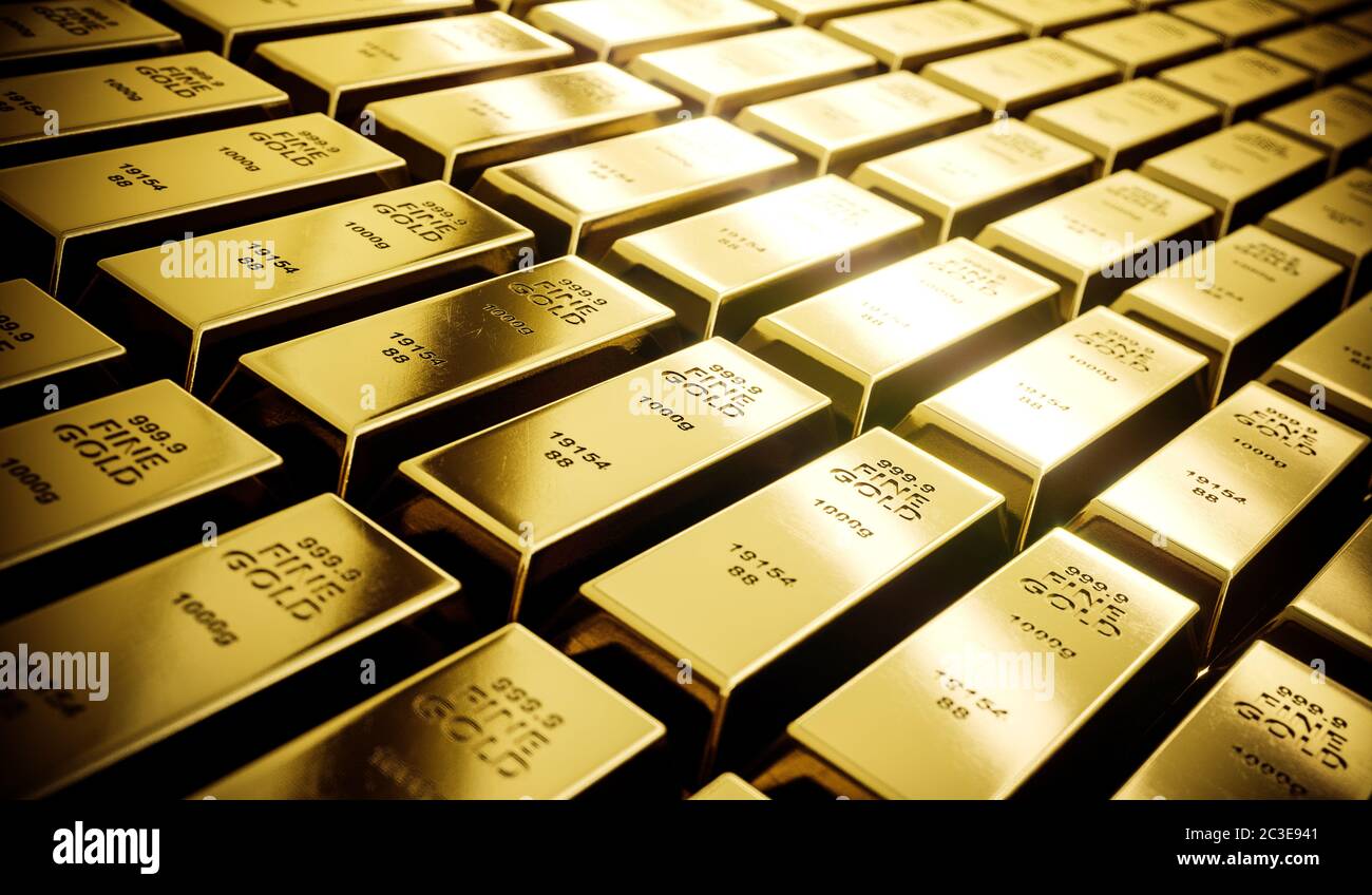 3D animation of wandering light rays on gold bars in film look color ...