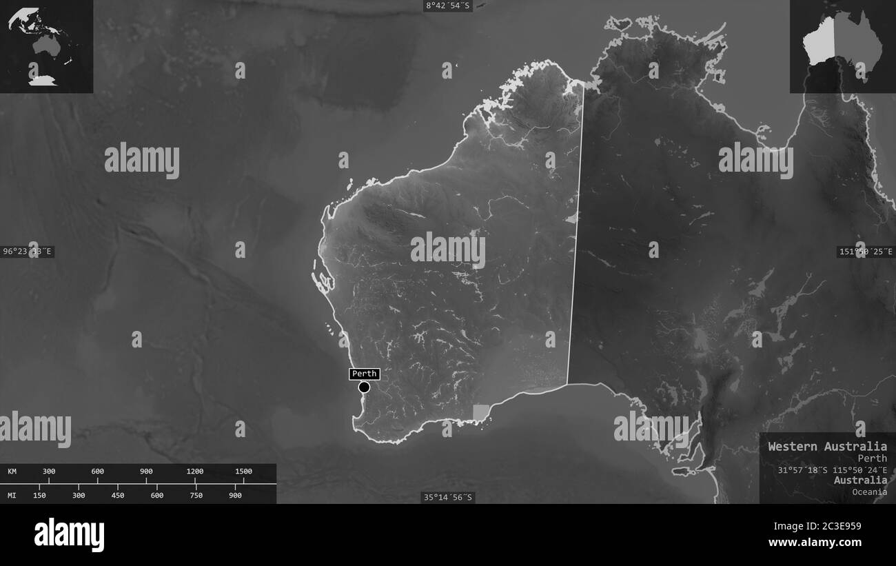 Western Australia, state of Australia. Grayscaled map with lakes and ...