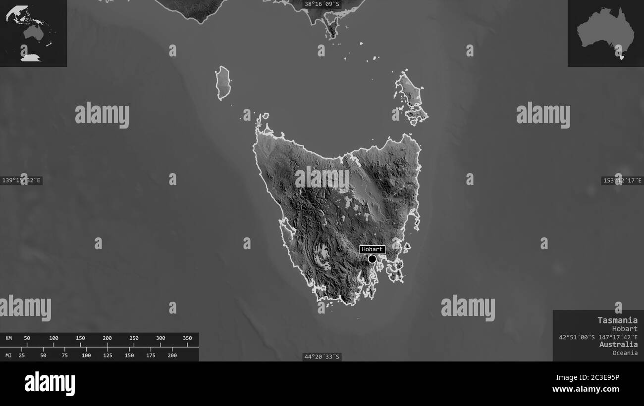 Tasmania, state of Australia. Grayscaled map with lakes and rivers ...
