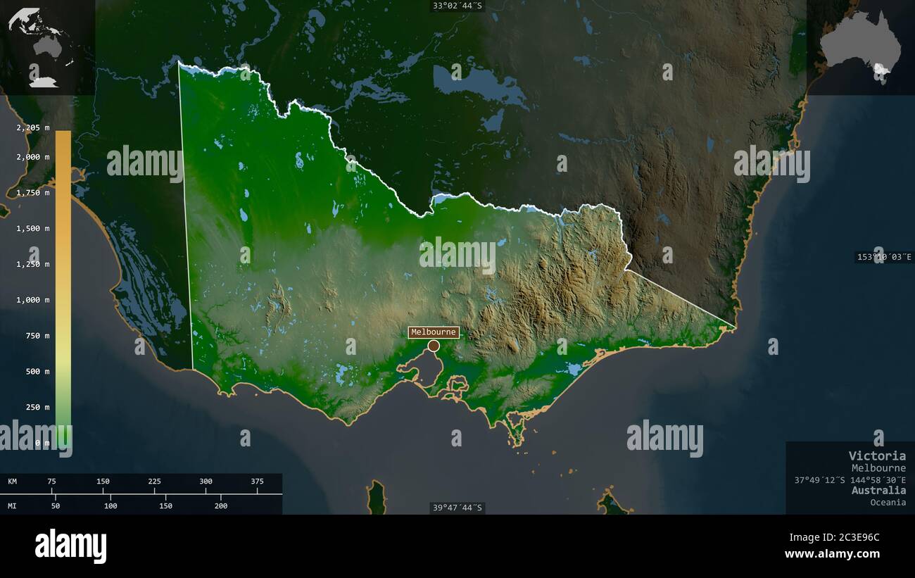 Victoria, state of Australia. Colored shader data with lakes and rivers ...