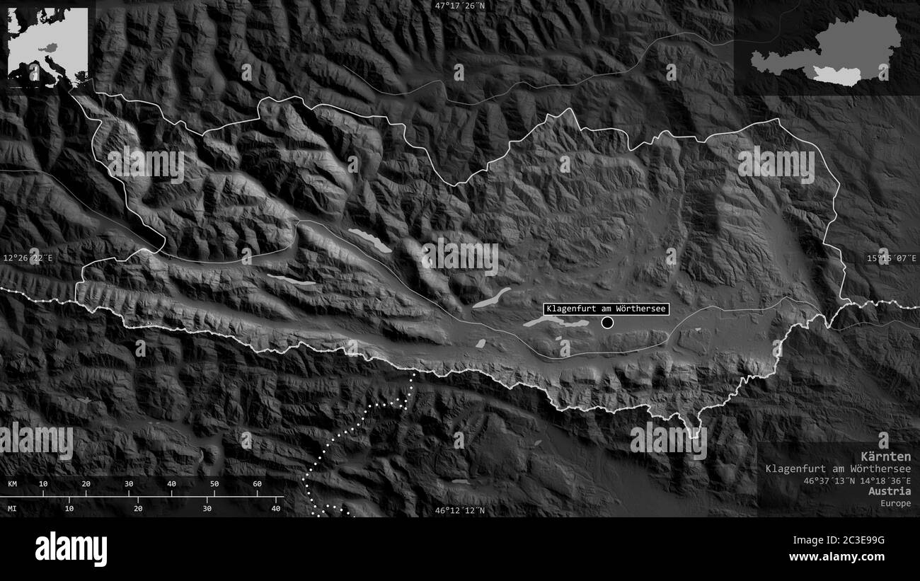Kärnten, state of Austria. Grayscaled map with lakes and rivers. Shape ...