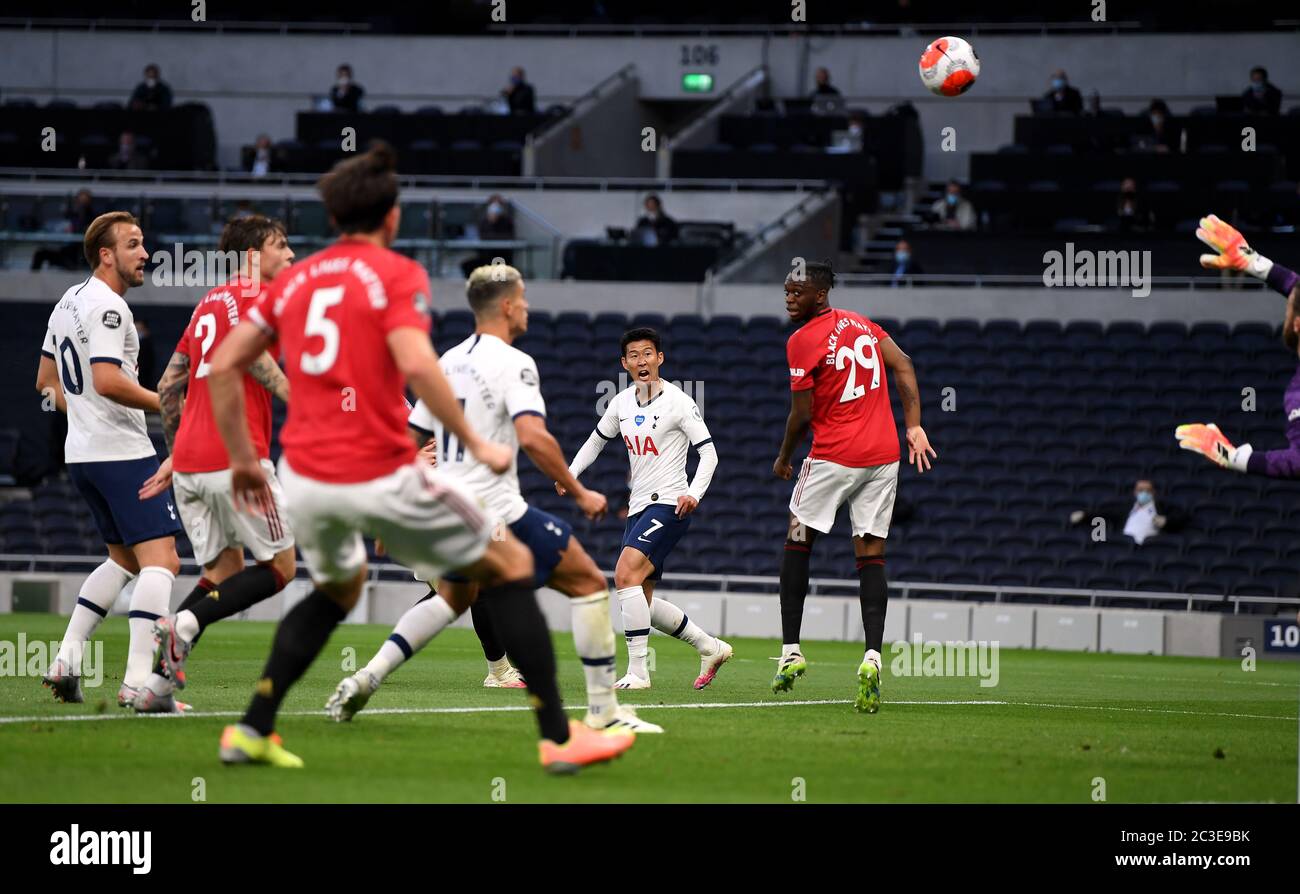 Tottenham Hotspur's Son Heung-min looks on as his shot is saved during ...