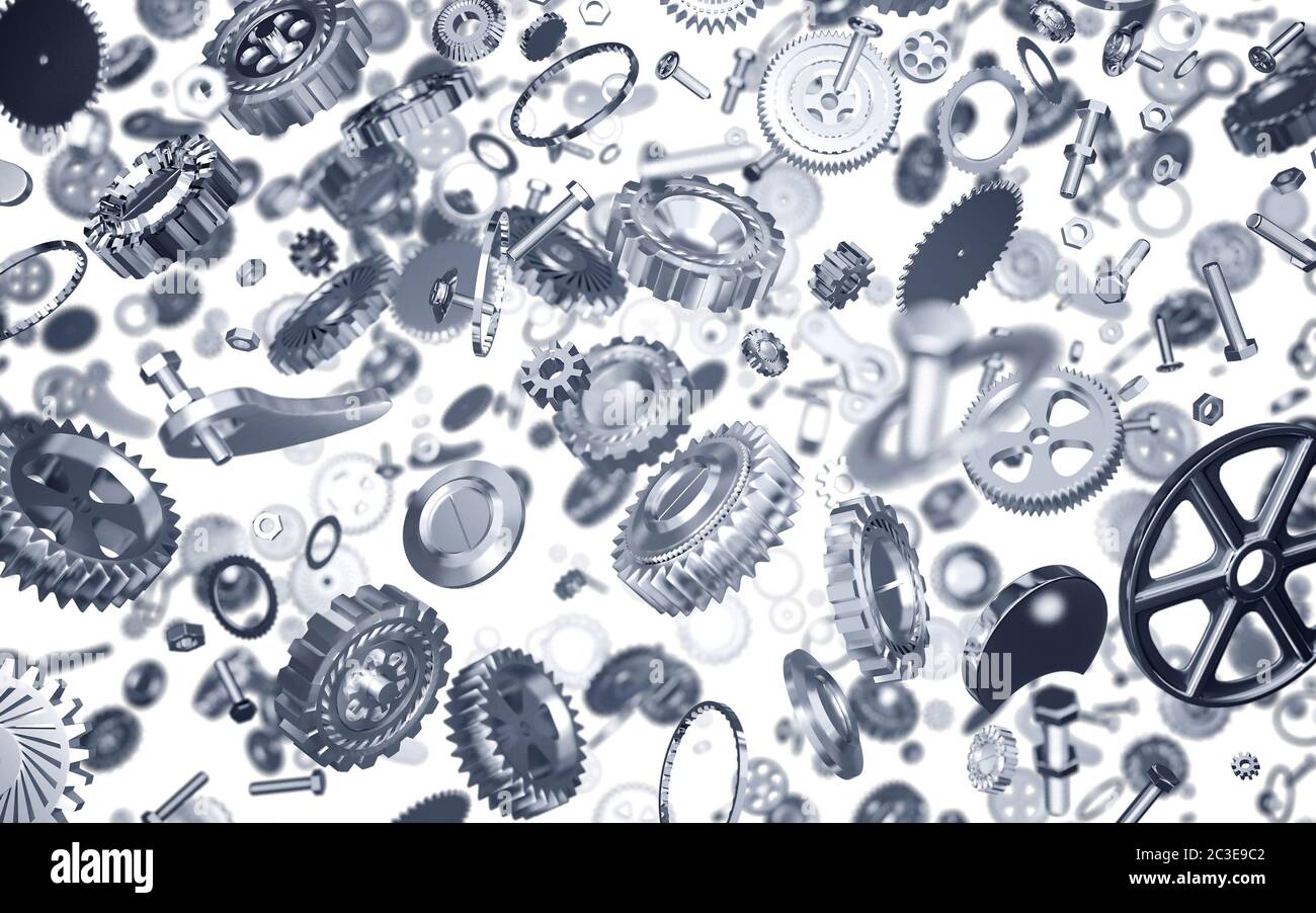 3D rendering of many mechanical parts in different planes on a white ...