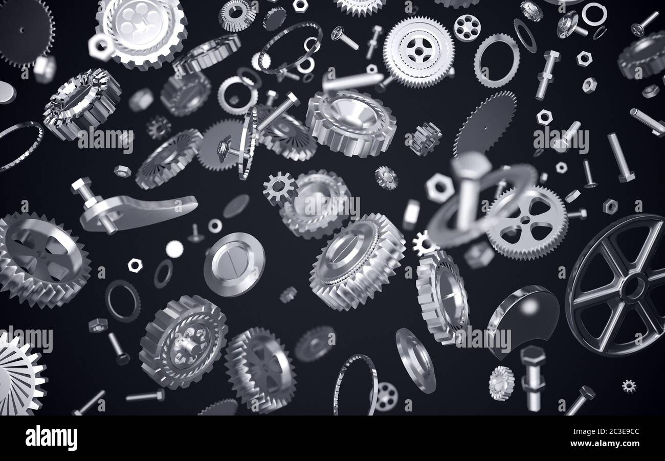 3D rendering of mechanical parts in different planes on a dark ...