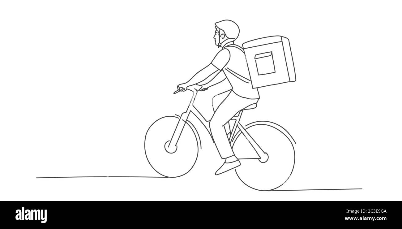 Line drawing vector illustration of delivery man on the bike Stock ...