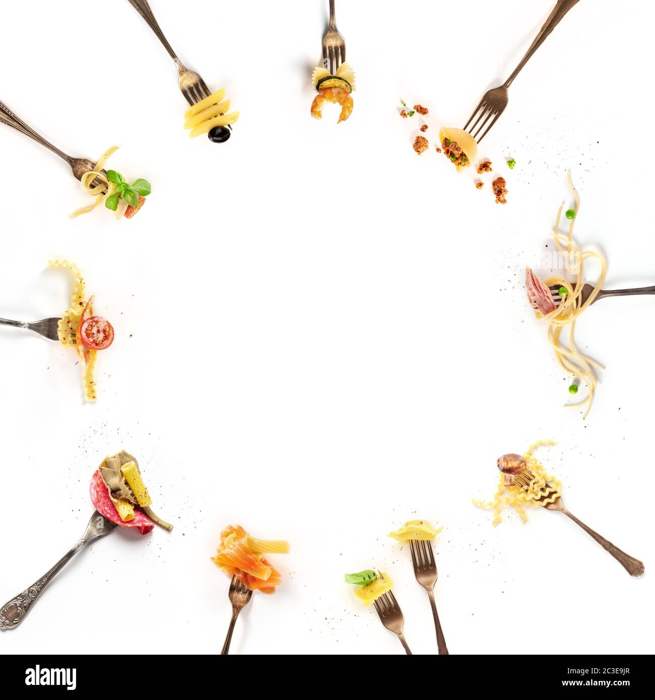 Italian food collage. Pasta design elements. Many forks with pasta and ...