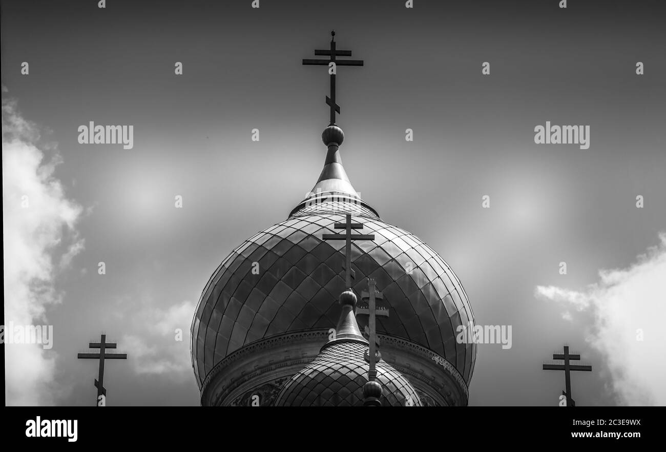 Classic Russian Christian Orthodox church golden plated close up in ...